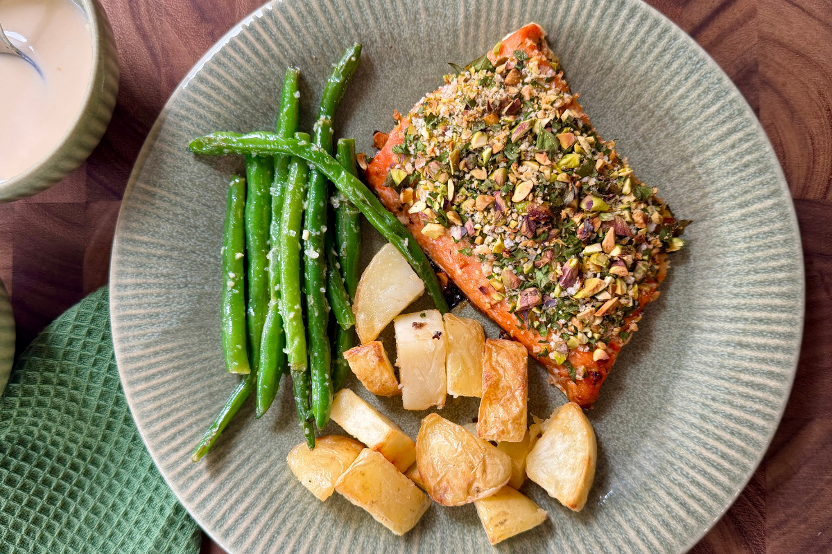 Pistachio Crusted Salmon with Potatoes and Green Beans | Our Cow